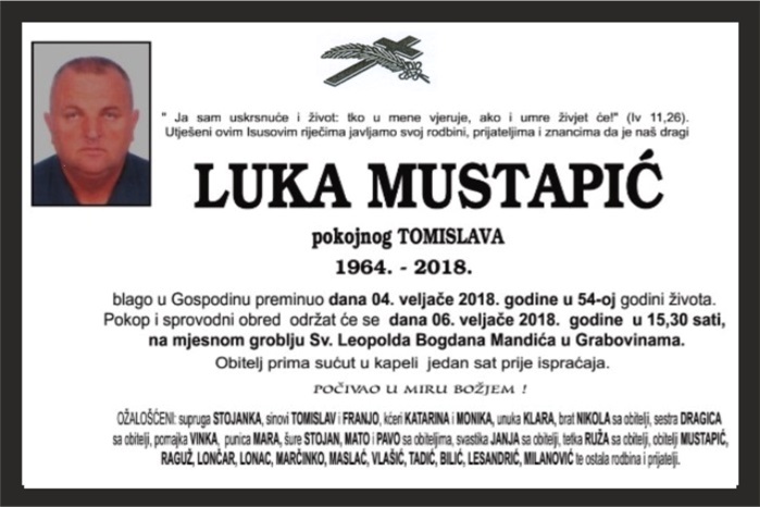 LUKA MUSTAPIĆ 1964 - 2018 - Umrli.info