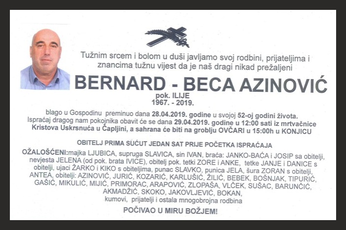 BERNARD – BECA AZINOVIĆ 1967 – 2019 - Umrli.info