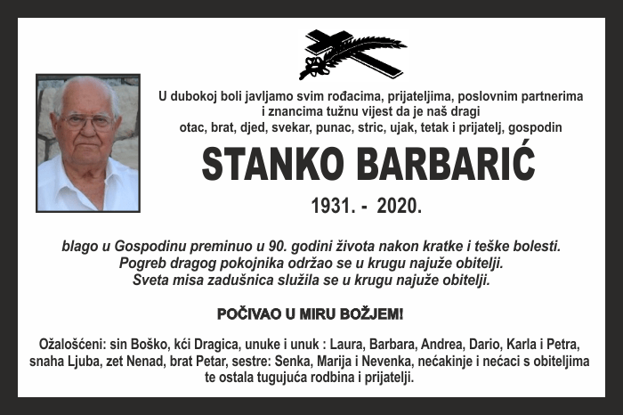 STANKO BARBARIĆ 1931 - 2020 - Umrli.info
