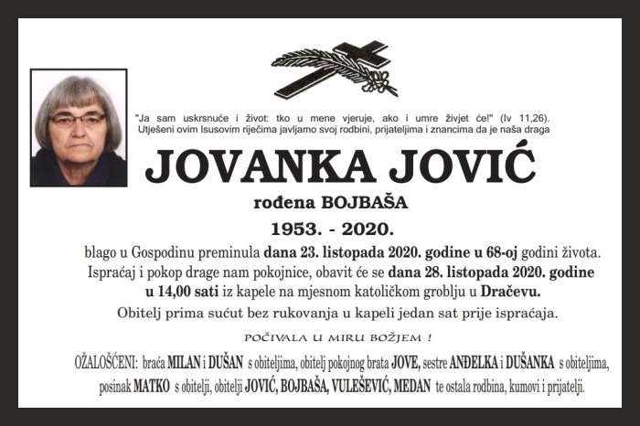 JOVANKA JOVIĆ 1953 - 2020 - Umrli.info
