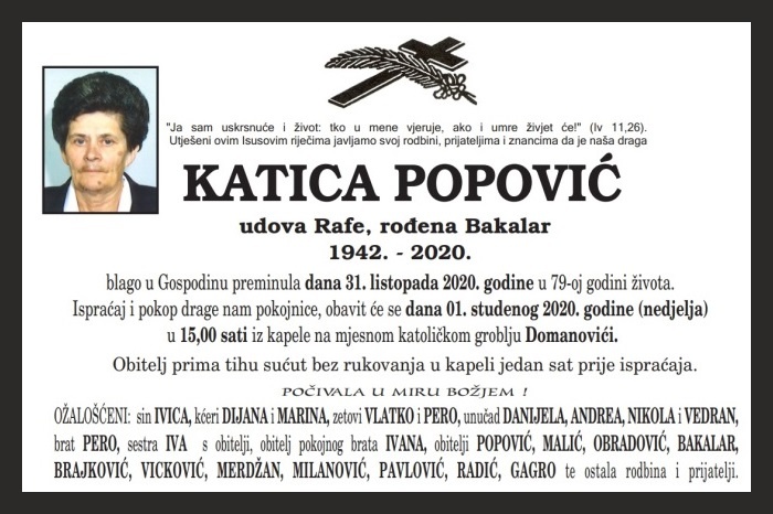KATICA POPOVIĆ 1942 - 2020 - Umrli.info