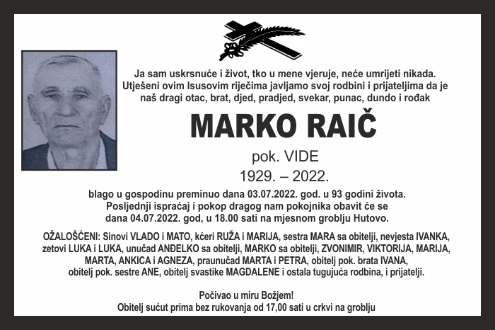 MARKO RAIČ 1929 – 2022 - Umrli.info