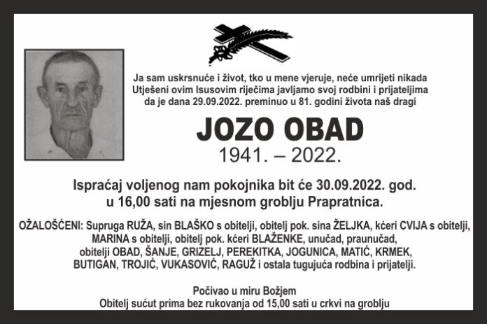 JOZO OBAD 1941 – 2022 - Umrli.info