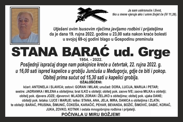 STANA BARAĆ 1954 - 2022 - Umrli.info