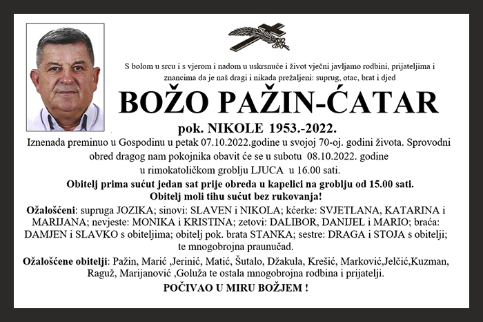 BOŽO PAŽIN-ĆATAR 1953 - 2022 - Umrli.info