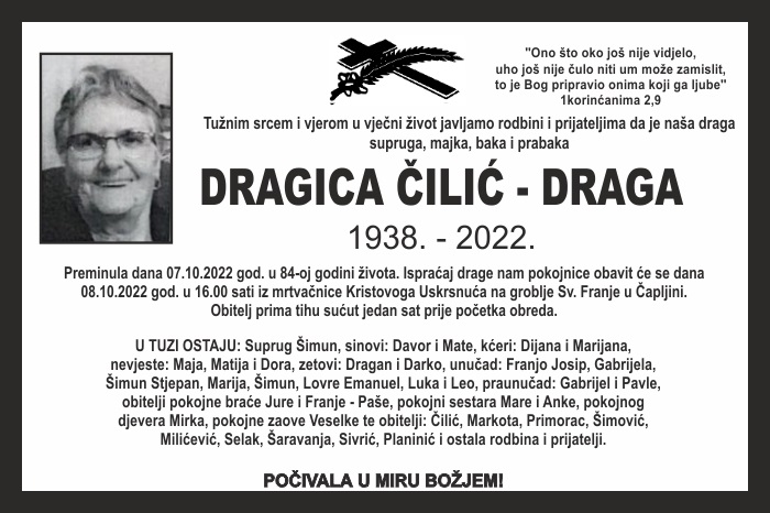 DRAGICA ČILIĆ - DRAGA 1938 - 2022 - Umrli.info