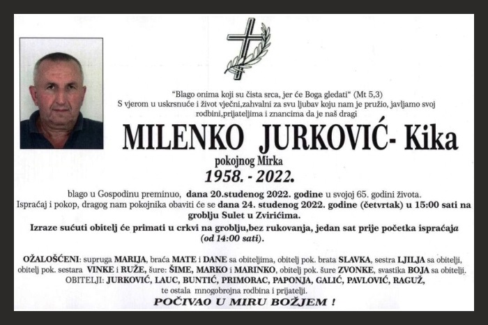 MILENKO JURKOVIĆ - Kika 1958 - 2022 - Umrli.info