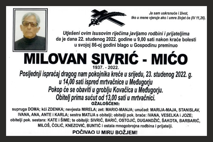MILOVAN SIVRIĆ - MIĆO 1937 - 2022 - Umrli.info