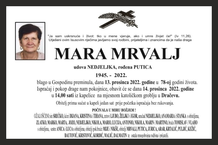 MARA MRVALJ 1945 - 2022 - Umrli.info
