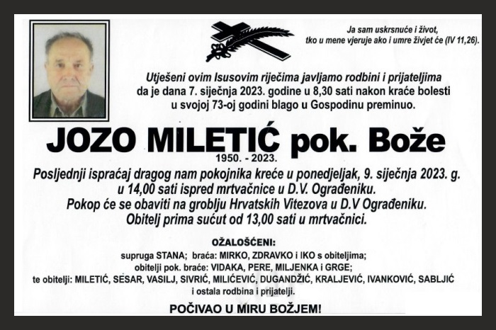 JOZO MILETIĆ 1950 - 2023 - Umrli.info