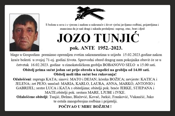 JOZO TUNJIĆ 1952 - 2023 - Umrli.info