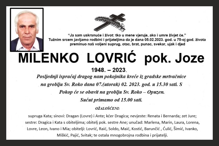 MILENKO LOVRIĆ 1948 - 2023 - Umrli.info
