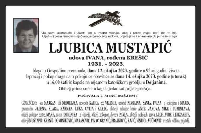 LJUBICA MUSTAPIĆ 1931 - 2023 - Umrli.info