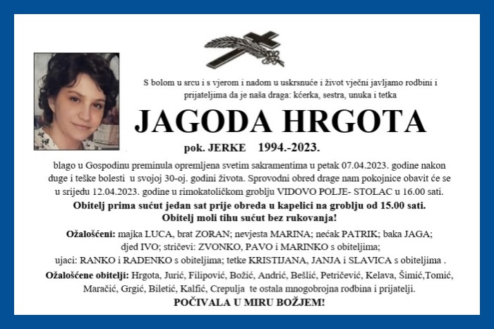 JAGODA HRGOTA 1994 - 2023 - Umrli.info