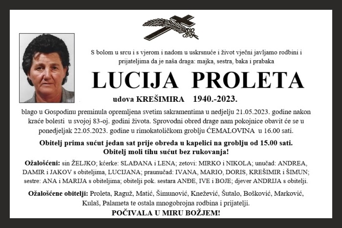 LUCIJA PROLETA 1940 - 2023 - Umrli.info