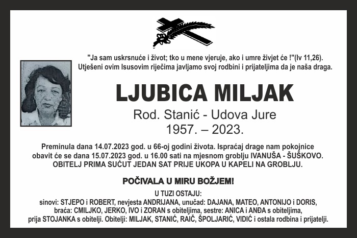 LJUBICA MILJAK 1957 – 2023 - Umrli.info
