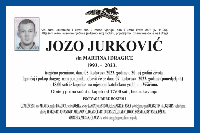 JOZO JURKOVIĆ 1993 - 2023 - Umrli.info