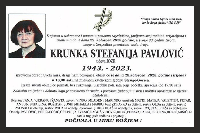 KRUNKA STEFANIJA PAVLOVIĆ 1943 - 2023 - Umrli.info