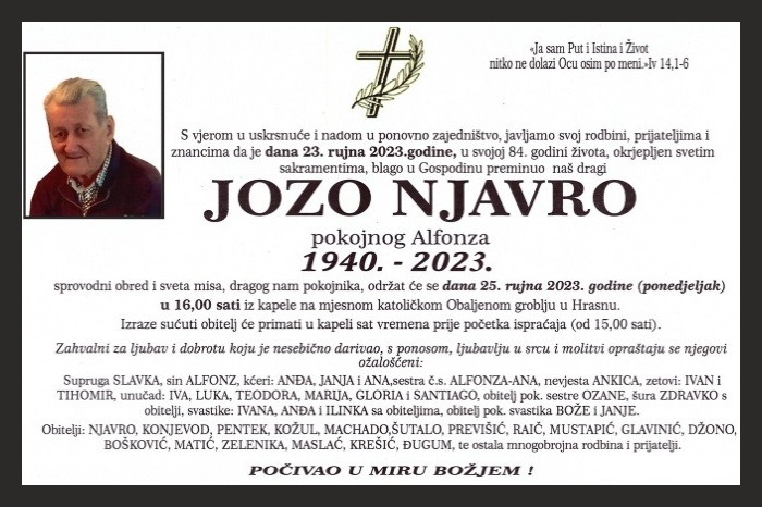 JOZO NJAVRO 1940 - 2023 - Umrli.info