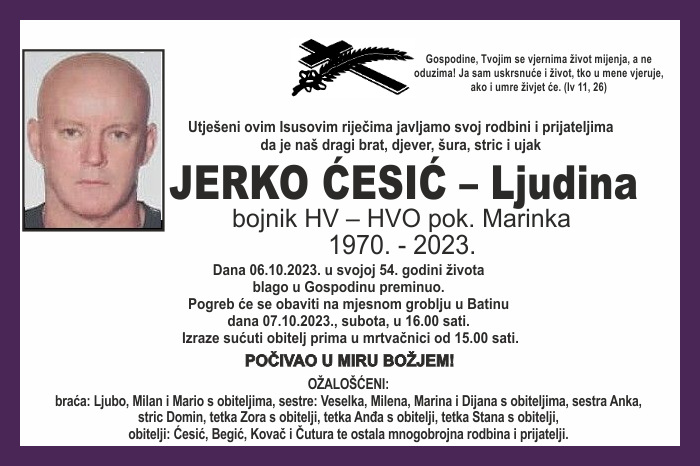 JERKO ĆESIĆ – Ljudina 1970 - 2023 - Umrli.info