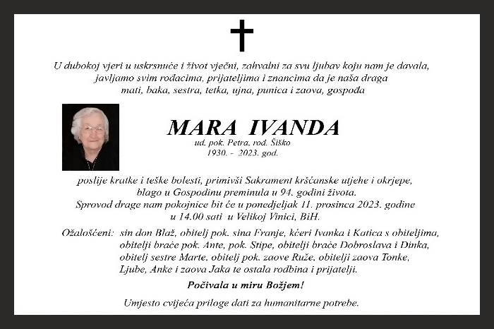 MARA IVANDA 1930 – 2023 - Umrli.info