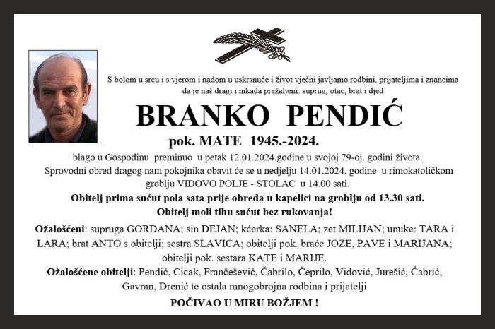 BRANKO PENDIĆ 1945 - 2024 - Umrli.info