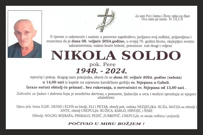 NIKOLA SOLDO 1948 - 2024 - Umrli.info