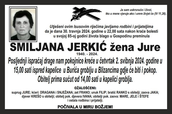 SMILJANA JERKIĆ 1940 - 2024 - Umrli.info