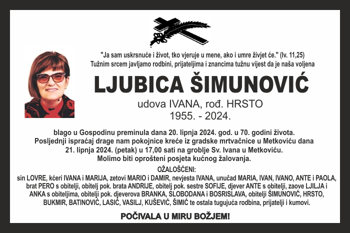 LJUBICA ŠIMUNOVIĆ 1955 - 2024 - Umrli.info