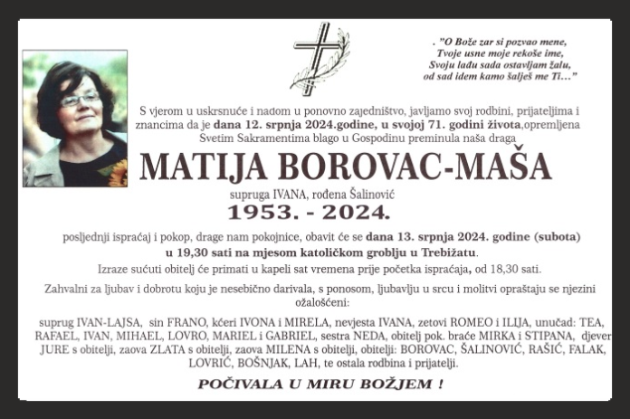 MATIJA BOROVAC - MAŠA 1953 - 2024 - Umrli.info