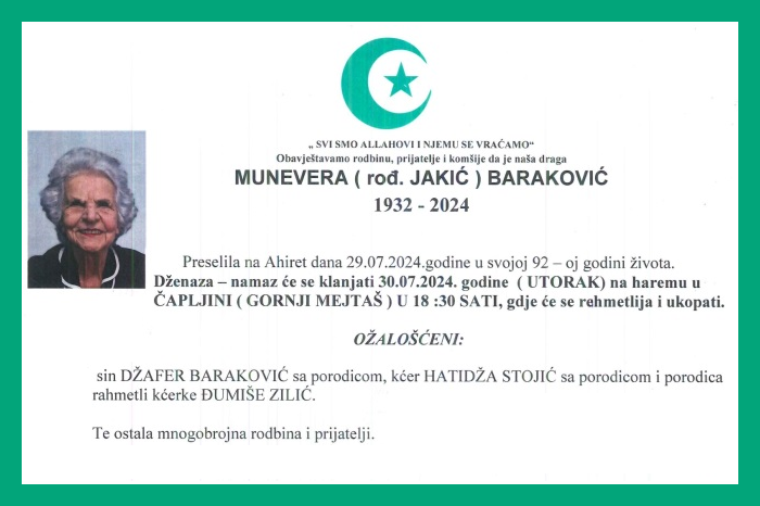 MUNEVERA BARAKOVIĆ 1932 - 2024 - Umrli.info