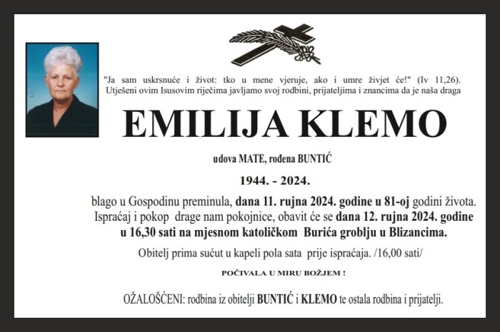 EMILIJA KLEMO 1944 - 2024 - Umrli.info