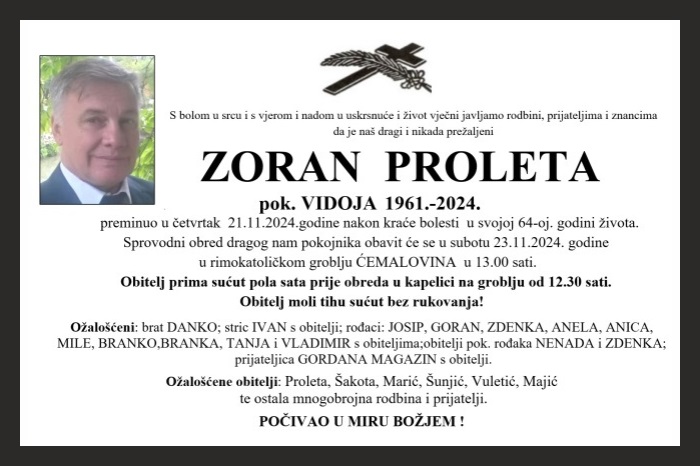 ZORAN PROLETA 1961 - 2024 - Umrli.info