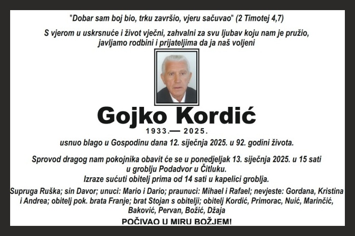 GOJKO KORDIĆ 1933 - 2025 - Umrli.info