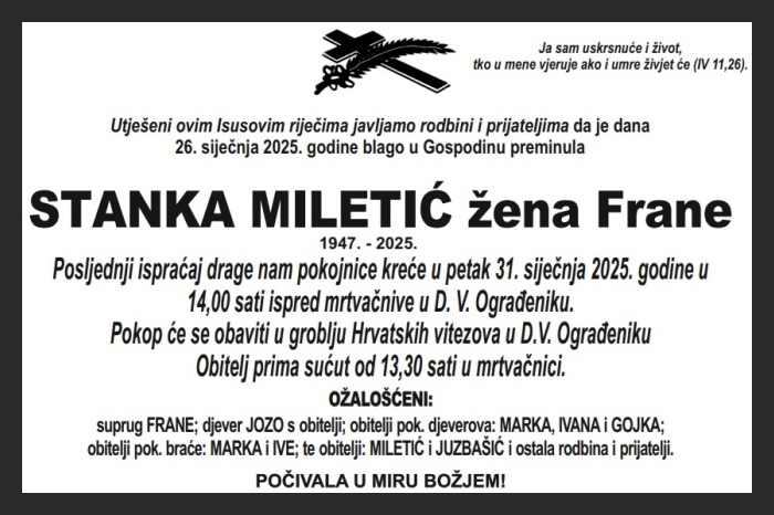 STANKA MILETIĆ 1947 - 2025 - Umrli.info