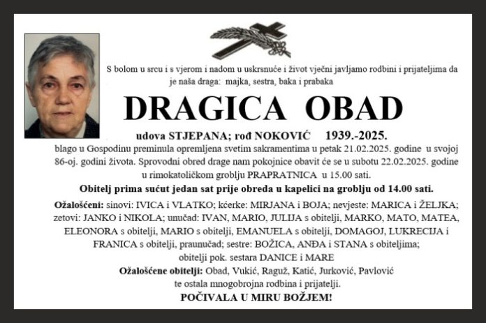 DRAGICA OBAD 1939 - 2025 - Umrli.info