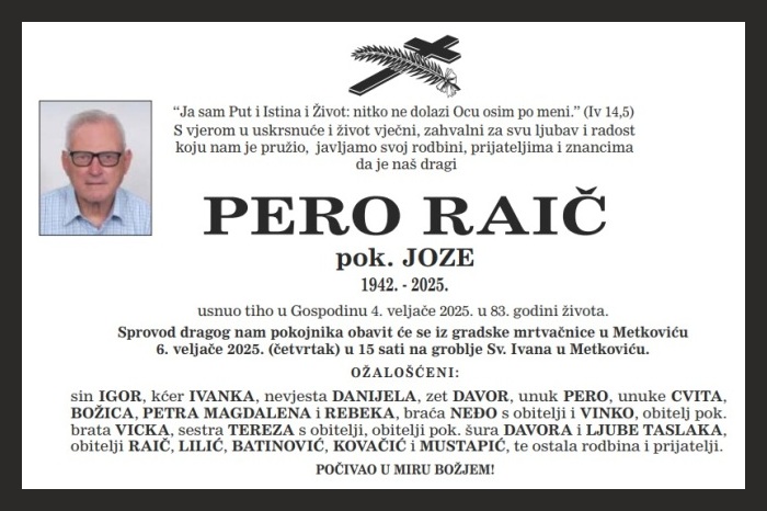 PERO RAIČ 1942 - 2025 - Umrli.info