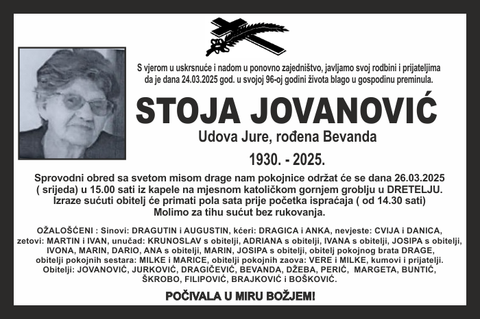 STOJA JOVANOVIĆ 1930 - 2025 - Umrli.info