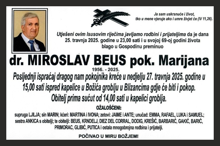 Dr. MIROSLAV BEUS 1956 - 2025 - Umrli.info