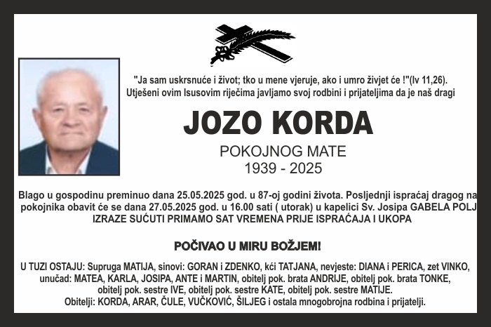 JOZO KORDA 1939 - 2025 - Umrli.info