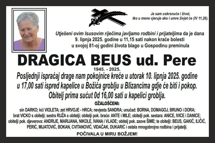 DRAGICA BEUS 1945 - 2025 - Umrli.info