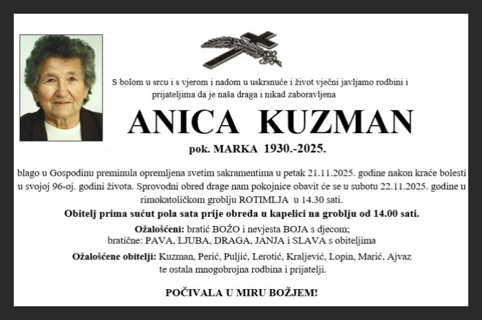 ANICA KUZMAN 1930 - 2025 - Umrli.info