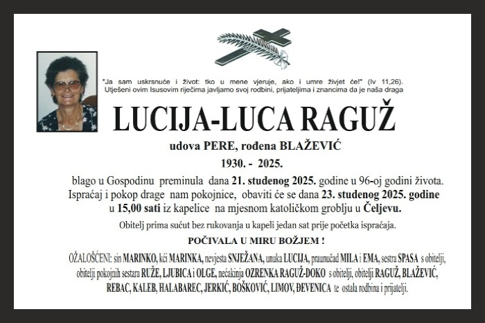 LUCIJA - LUCA RAGUŽ 1930 - 2025 - Umrli.info