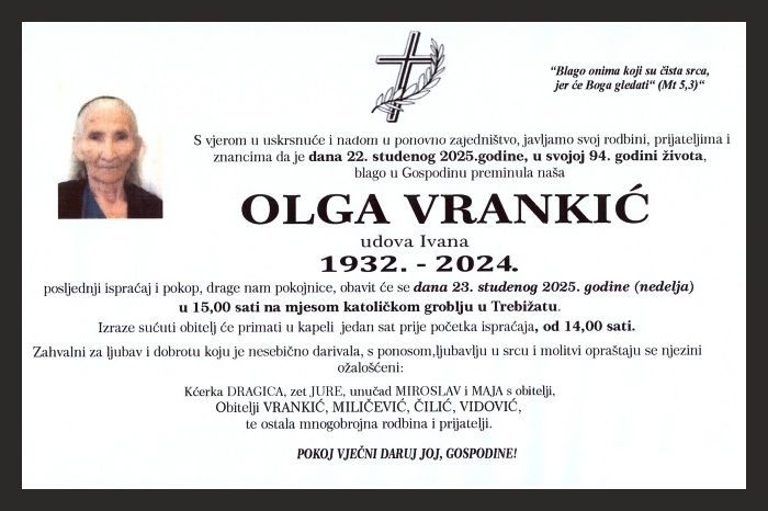 OLGA VRANKIĆ 1932 - 2024 - Umrli.info