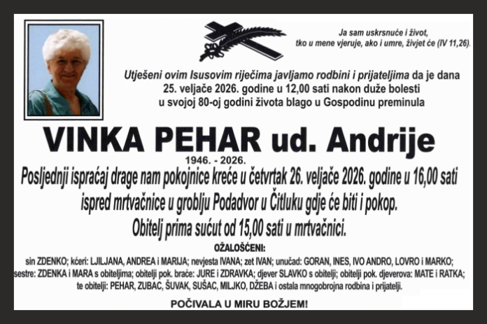 VINKA PEHAR 1946 - 2026 - Umrli.info