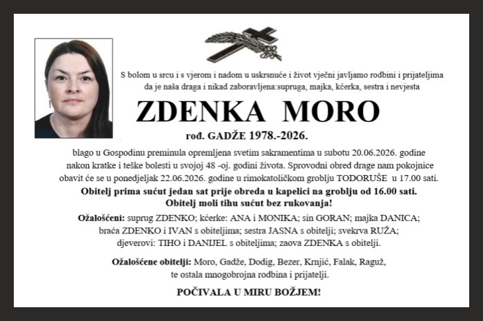 ZDENKA MORO 1978 - 2026 - Umrli.info